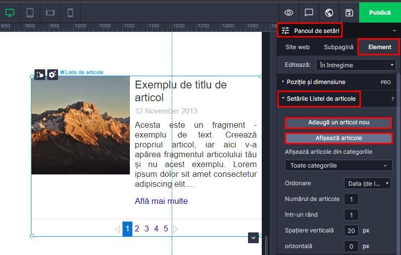 Cum adaugi și setezi o Lista de articole la un site creat în WebWave